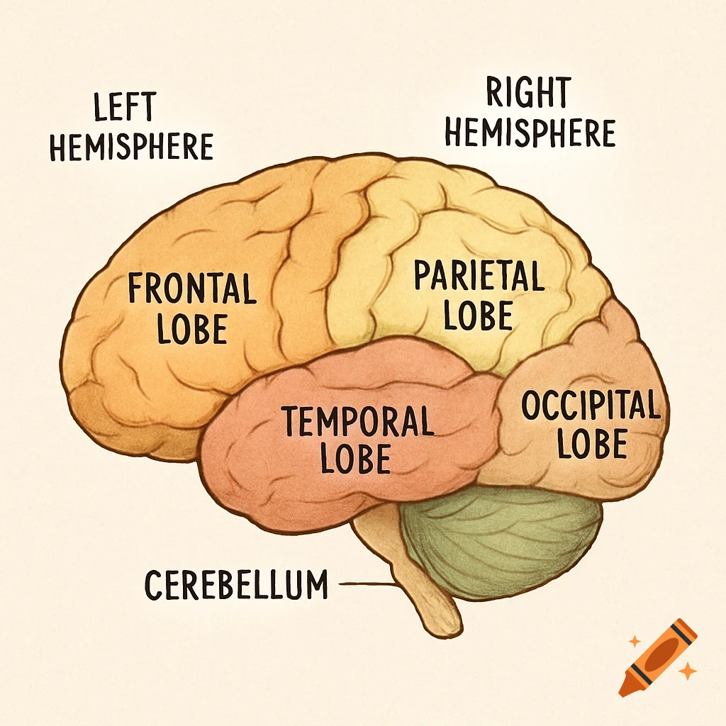 An illustrated diagram of the human brain showing the frontal, parietal ...