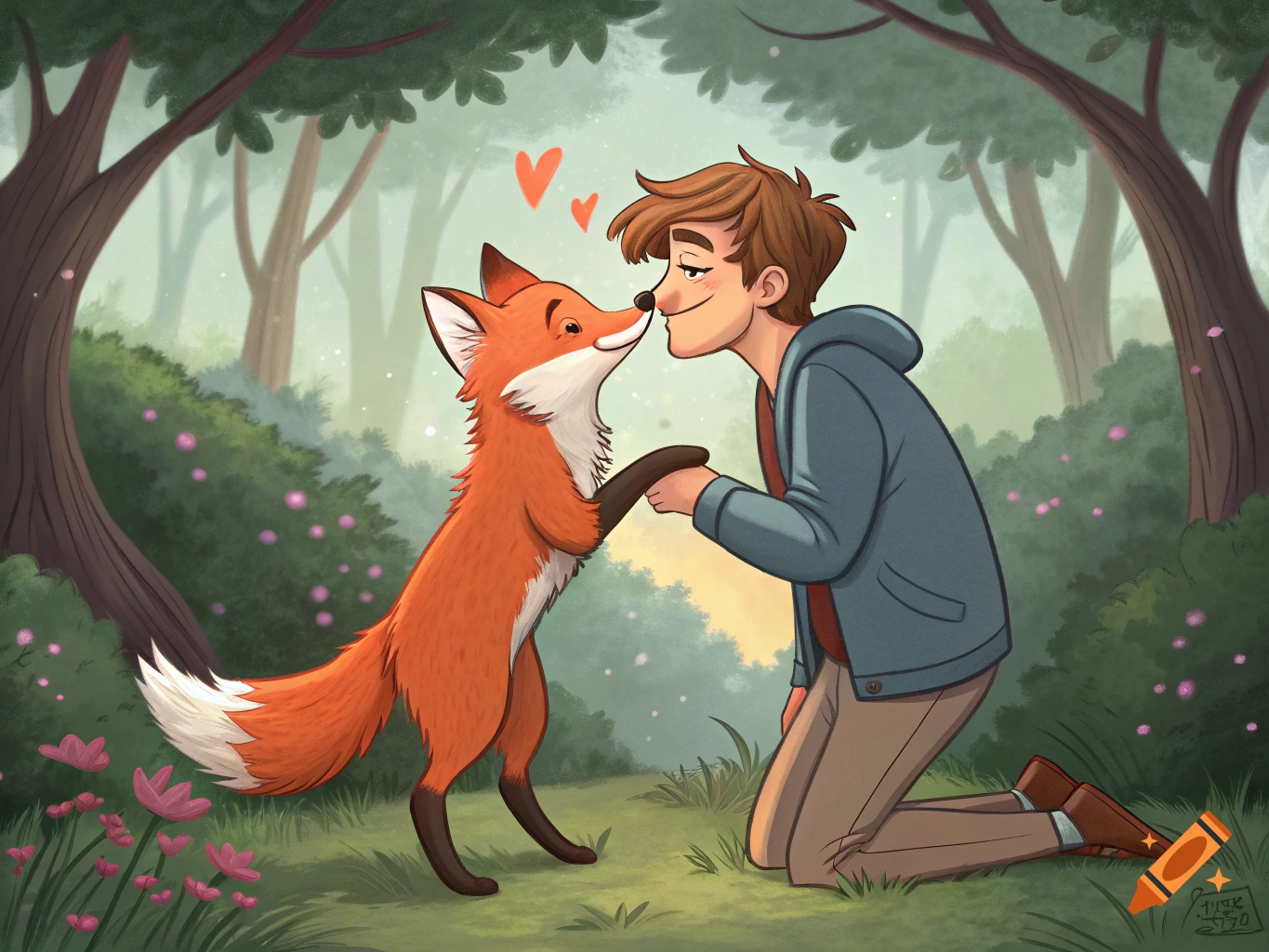 An illustration of a boy kneeling in a forest, touching noses with a ...