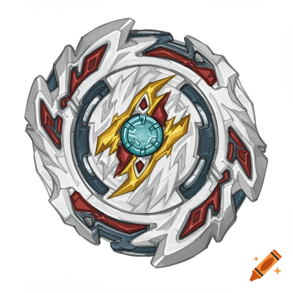 Illustrated white, gray, red, and gold Beyblade spinning top on Craiyon