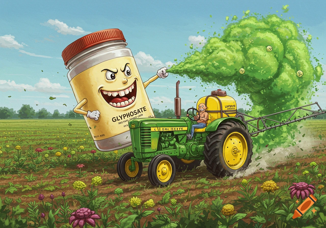 Cartoon jar of glyphosate spraying a field driven by a man on a tractor ...