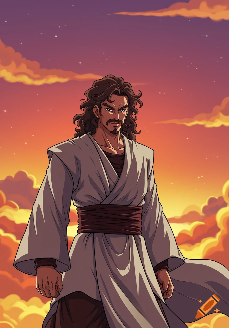 Anime illustration of a man resembling a Jedi standing before a sunset ...