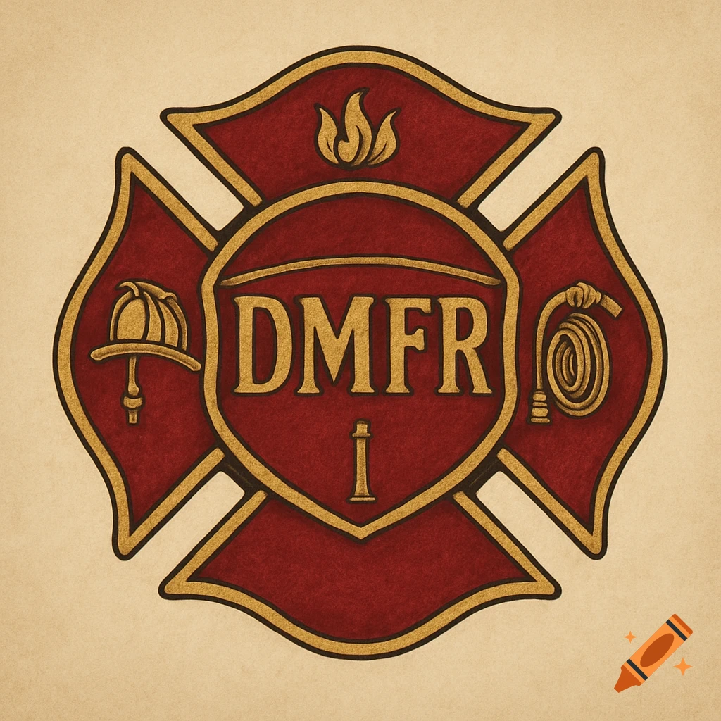 Fire department crest with letters DMFR and number I, red and gold ...