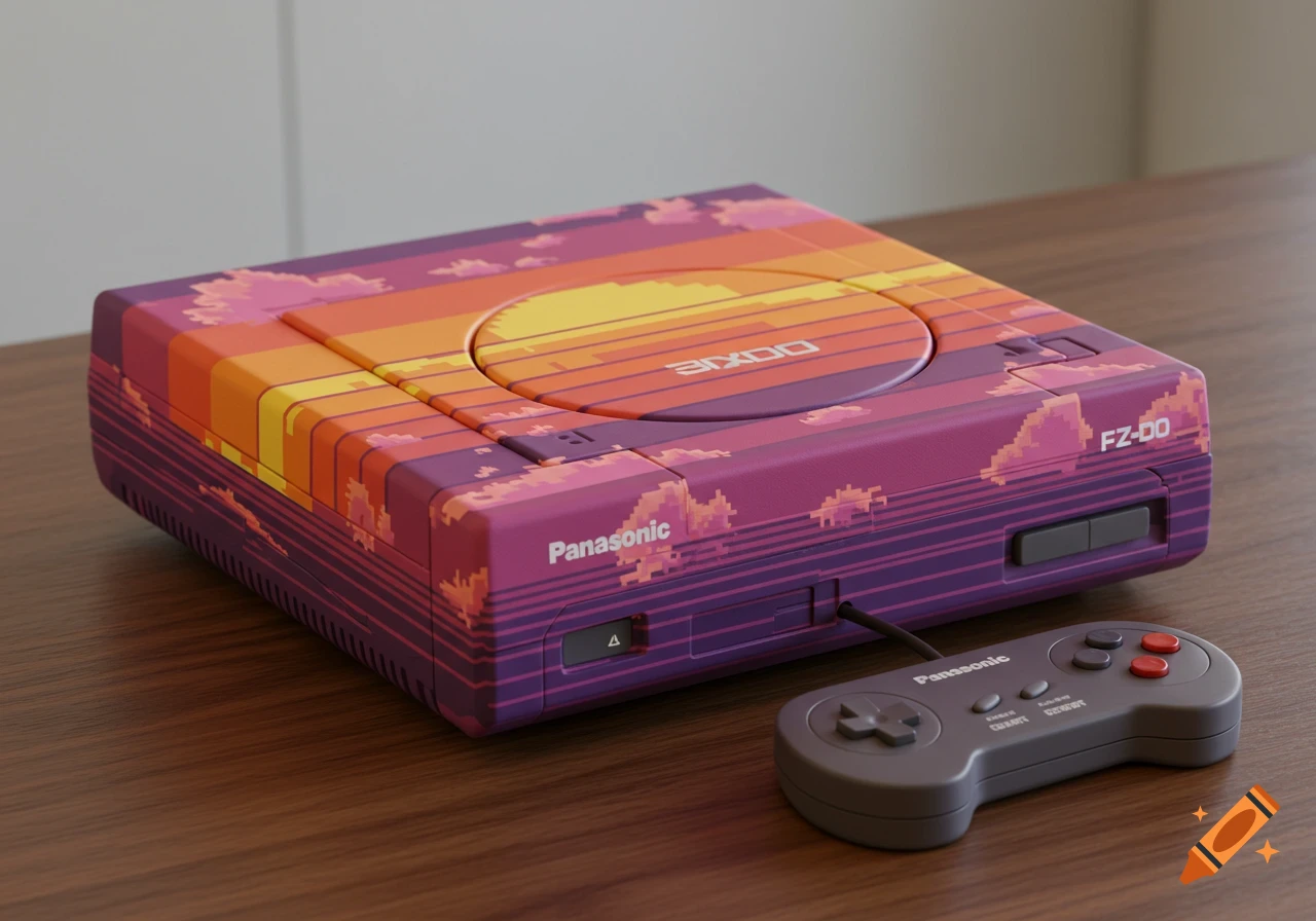 Custom video game console with 8-bit sunset texture and controller. on ...