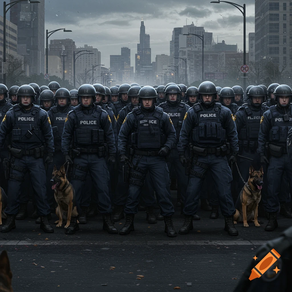 A large group of police officers in riot gear stand in a city street ...