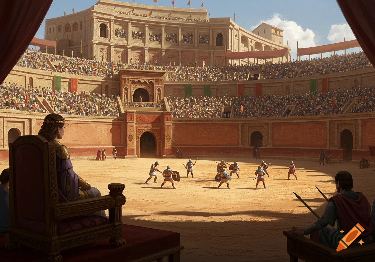 Princess watches gladiators fight in a large ancient arena, digital ...