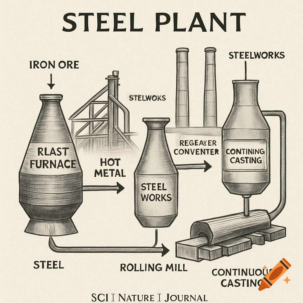 A sketch diagram illustrating the process of steel production, showing ...