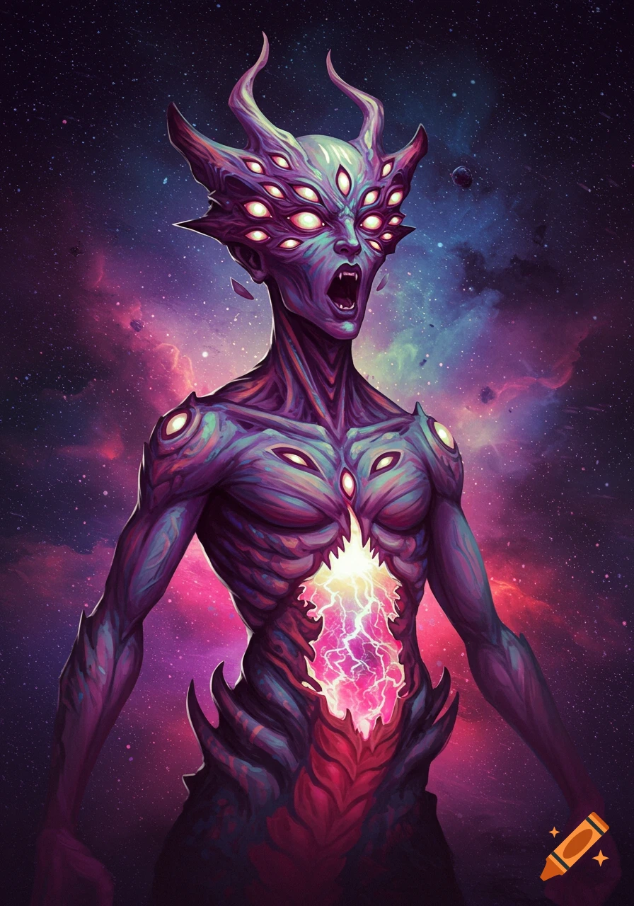 A purple and green alien creature with multiple eyes and glowing energy in its chest, set ...