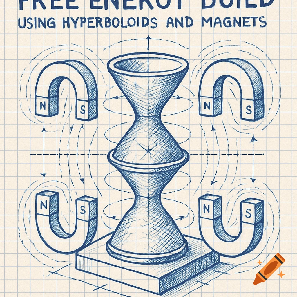 Sketch diagram of free energy build using hyperboloids and magnets on Craiyon