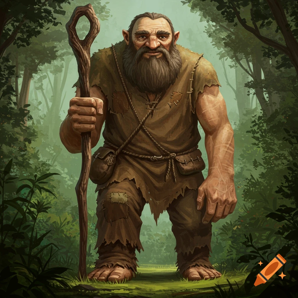 A large, bearded giant with a walking stick stands in a forest clearing ...
