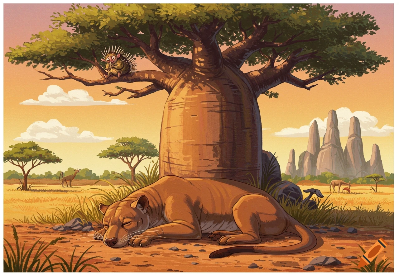 Stylized illustration of a fosa sleeping under a baobab tree with a ...