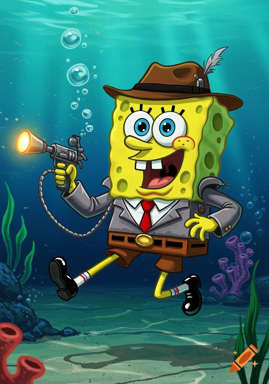 Spongebob Squarepants dressed as a spy agent underwater, holding a ...