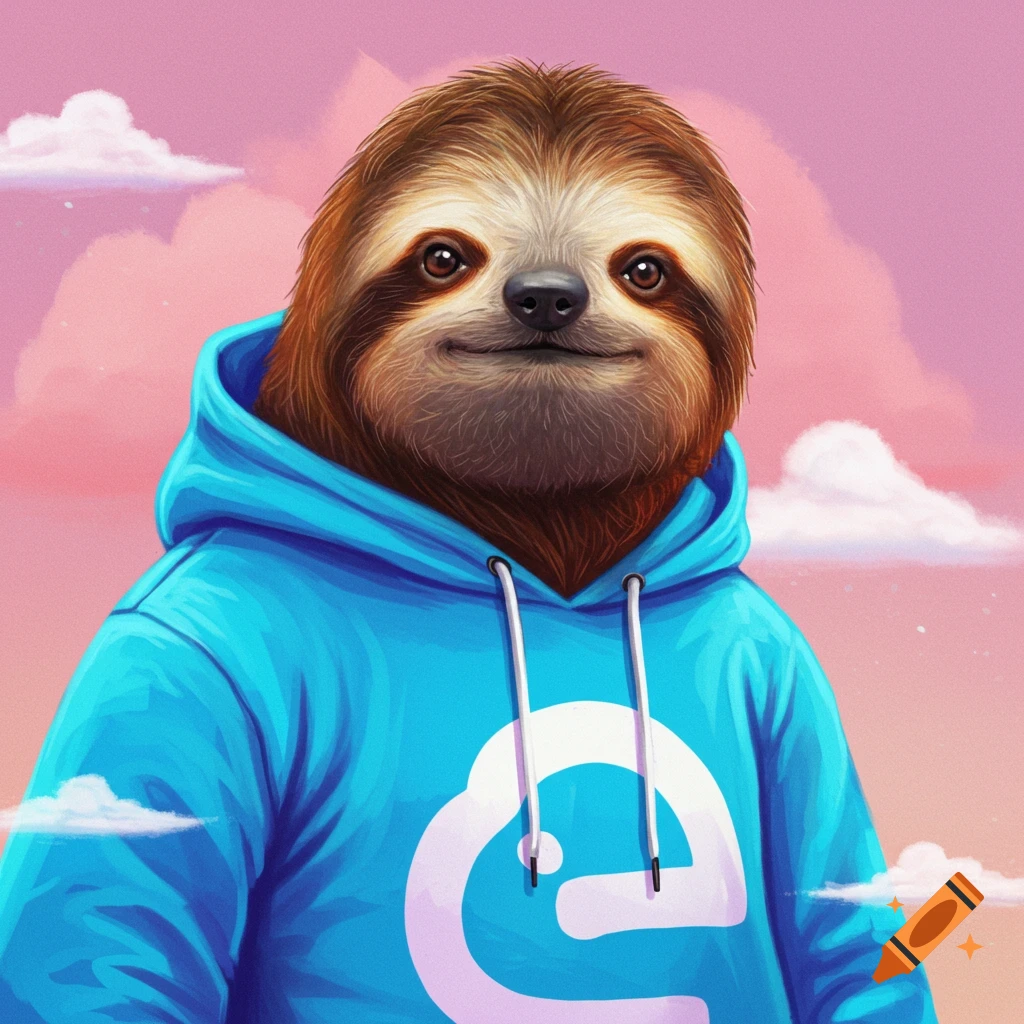 Illustration of a sloth wearing a blue hooded sweatshirt with a ...