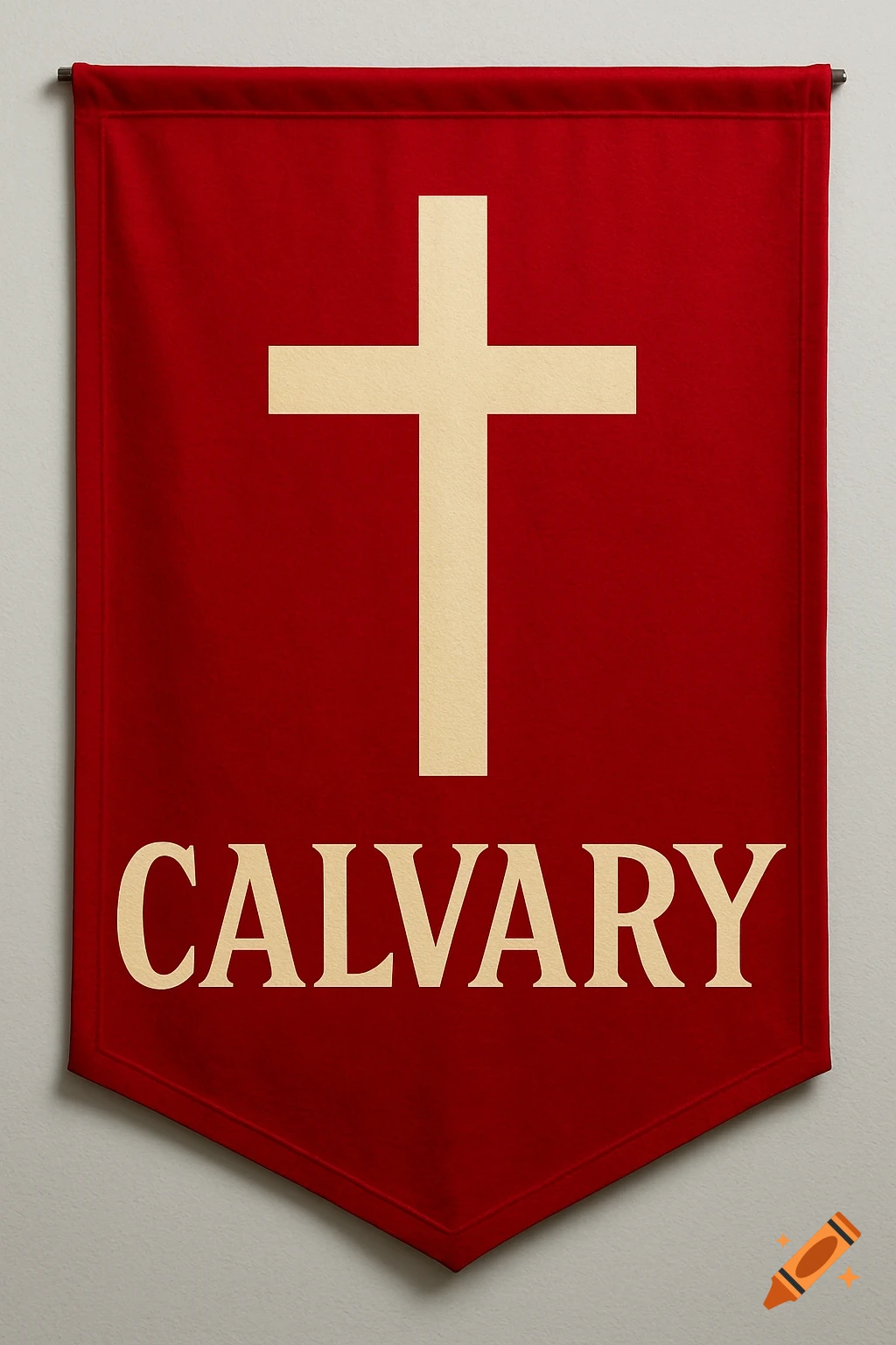 A red banner with a cream-colored cross and the word CALVARY. on Craiyon