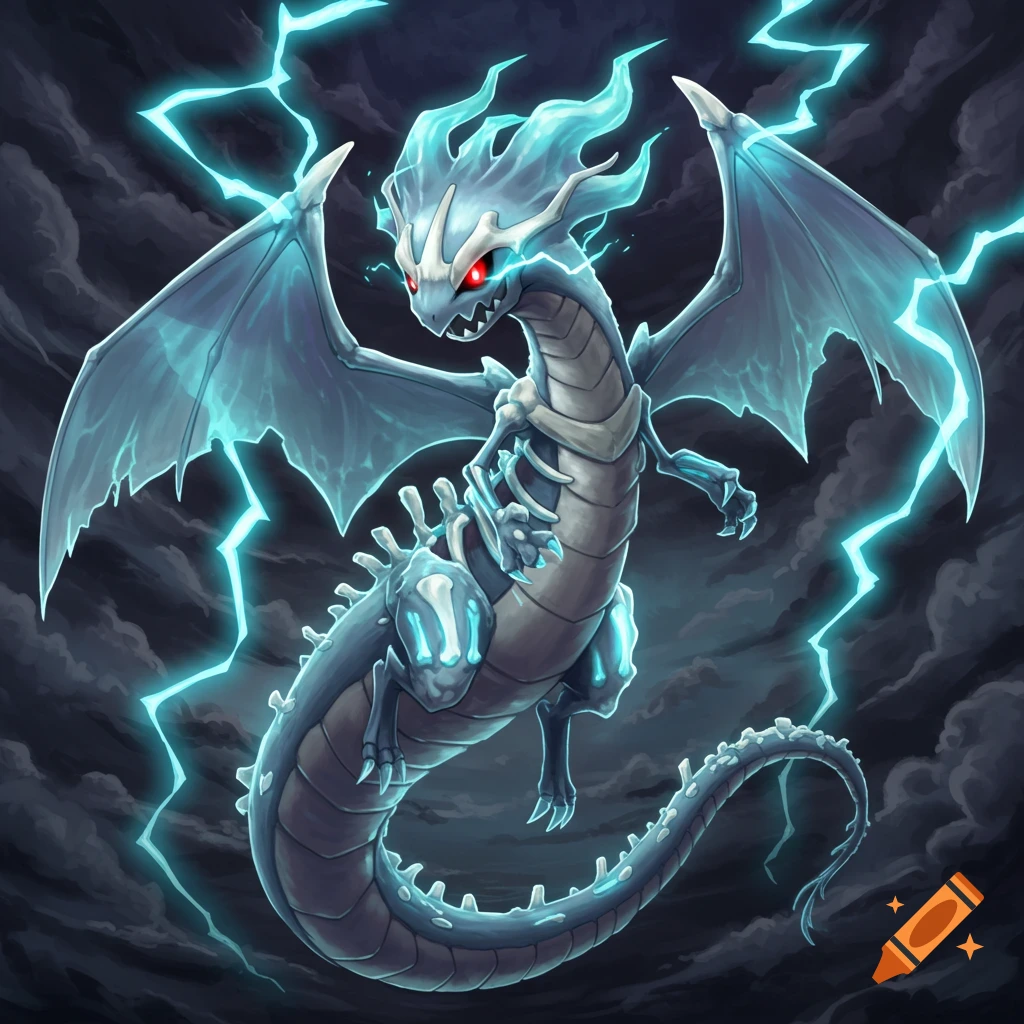 A skeletal ghost dragon creature with red eyes flies through stormy ...