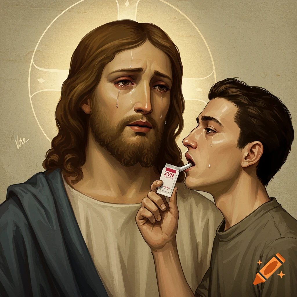 Painting of weeping Jesus watching person take Zyn pouch. on Craiyon