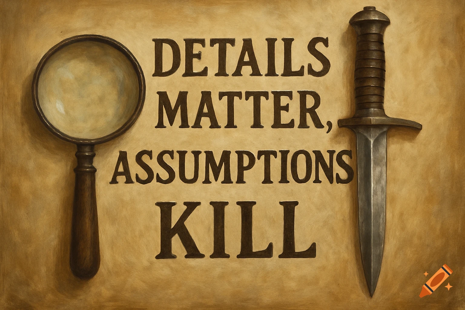 A magnifying glass and dagger next to text 'DETAILS MATTER, ASSUMPTIONS ...