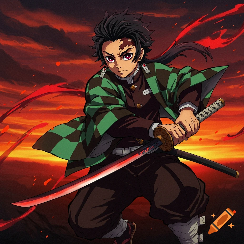 An anime character, Tanjiro from Demon Slayer, holding a sword against ...