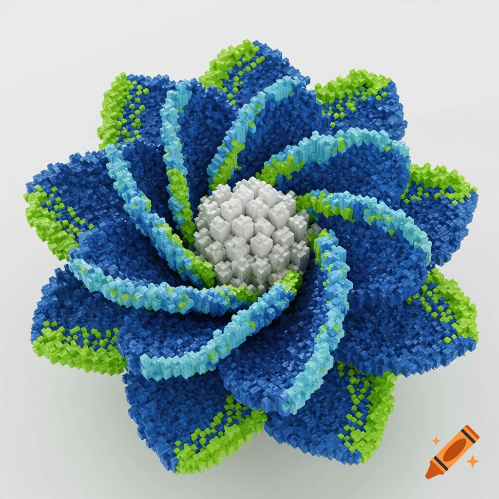 Abstract blocky flower in blue, green, and white on a white background ...