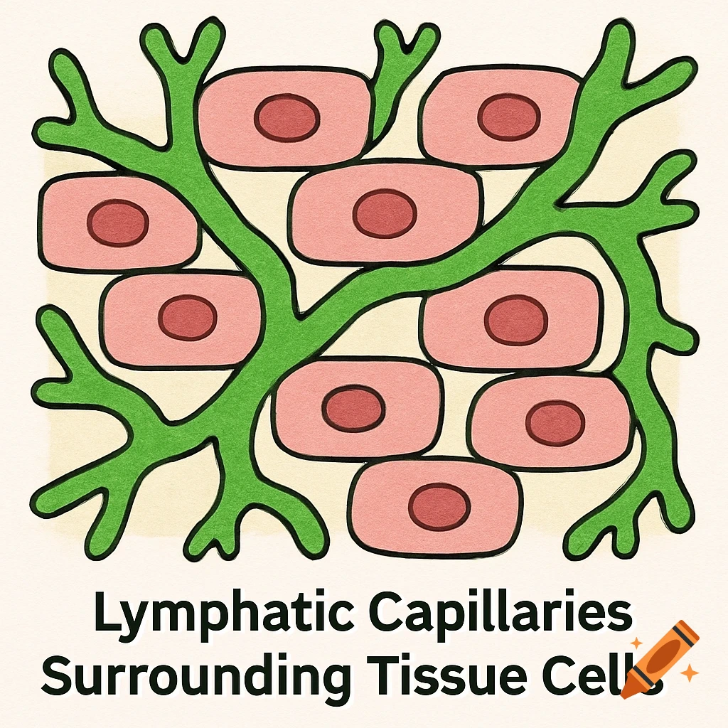 An illustration showing lymphatic capillaries intertwined with tissue ...