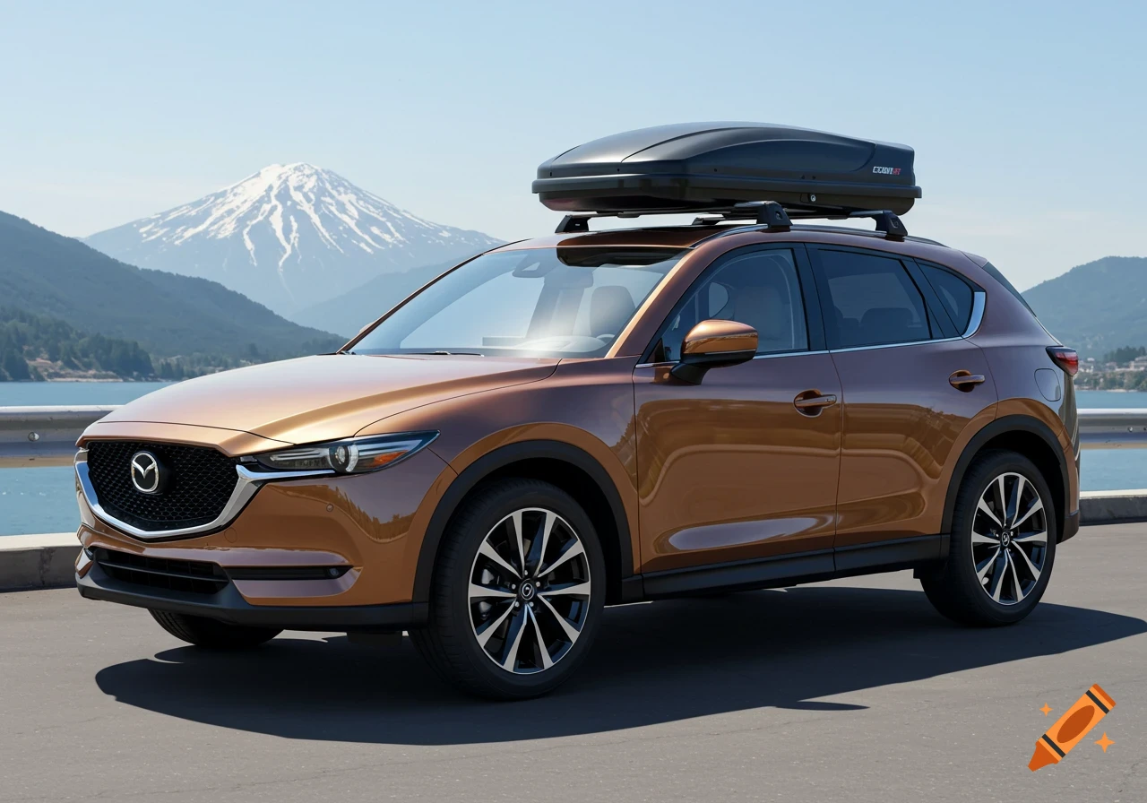 A bronze Mazda CX-5 SUV with a rooftop cargo box parked outdoors near a ...