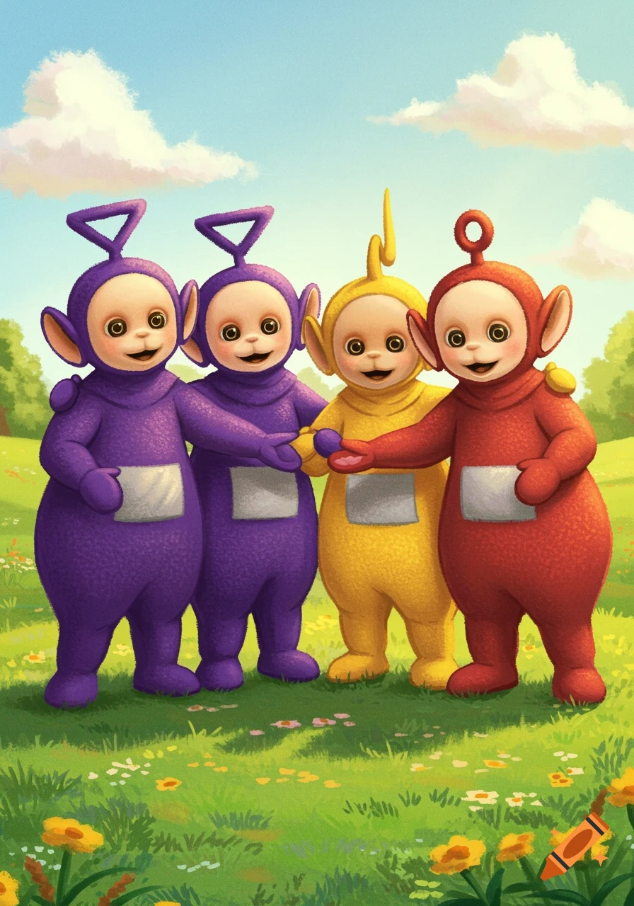Four colorful Teletubbies stand holding hands in a sunny, grassy field ...