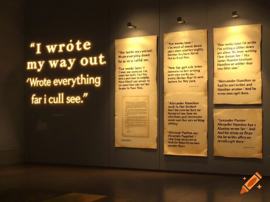 A museum exhibit wall with a large glowing quote and several panels ...