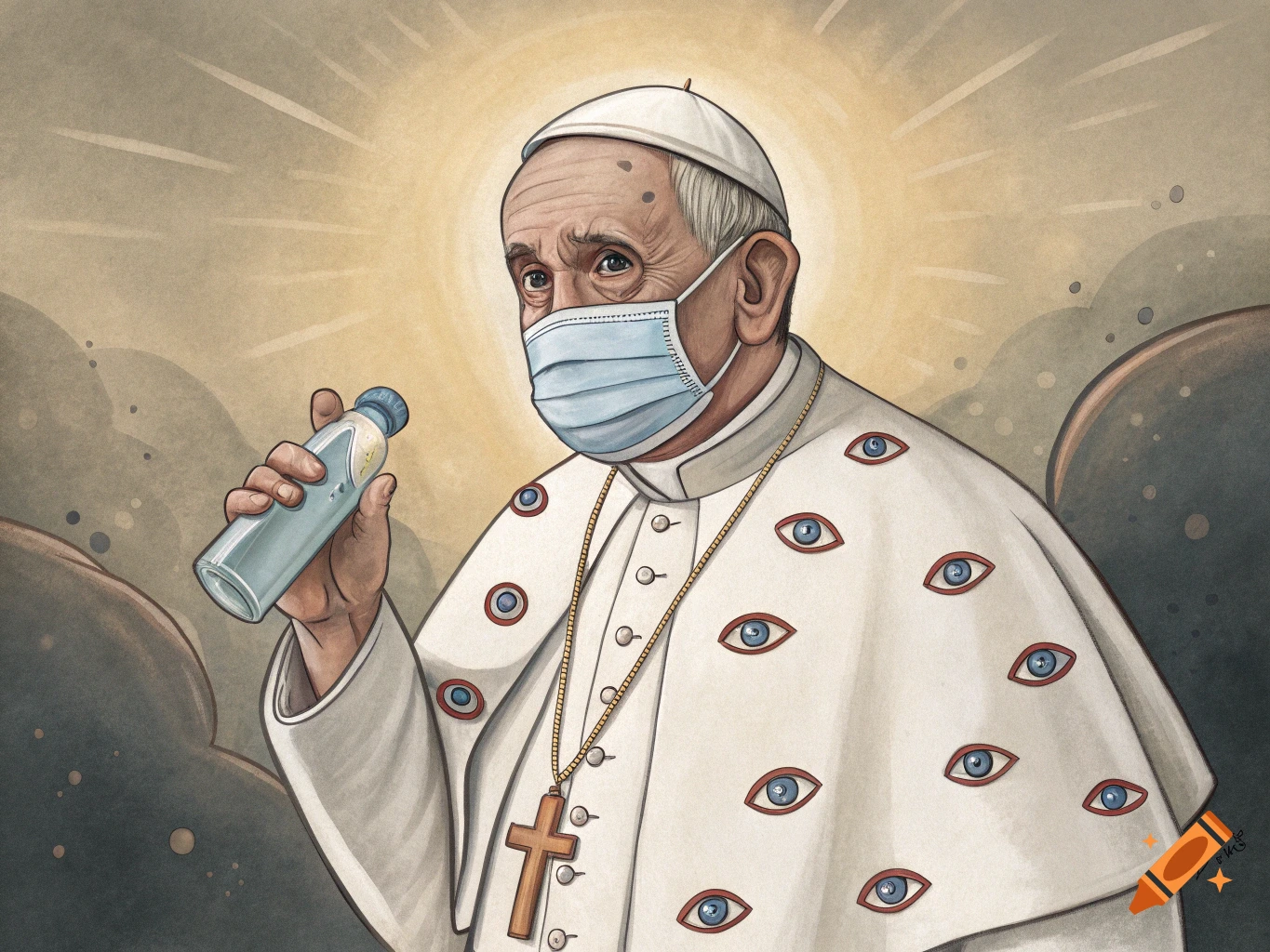 Illustration of Pope Francis wearing a mask, holding a bottle, and ...