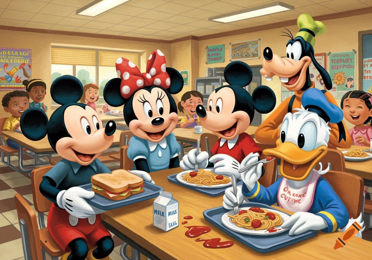 Mickey Mouse, Minnie Mouse, Donald Duck, and Goofy eat lunch in a ...