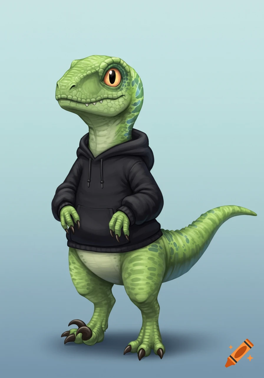 Cute anthropomorphic green raptor wearing a black hoodie. on Craiyon