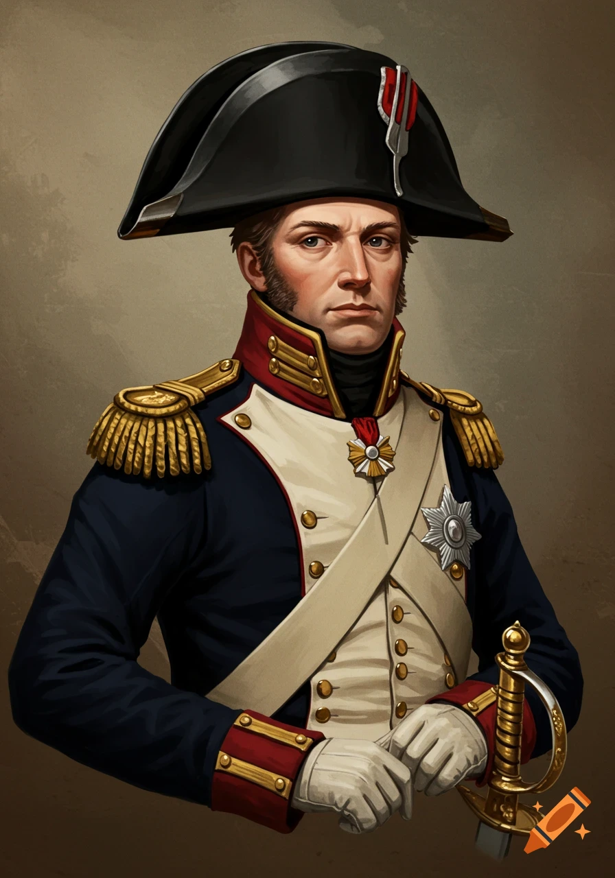 Portrait of a man in a historical Napoleonic era military uniform and ...