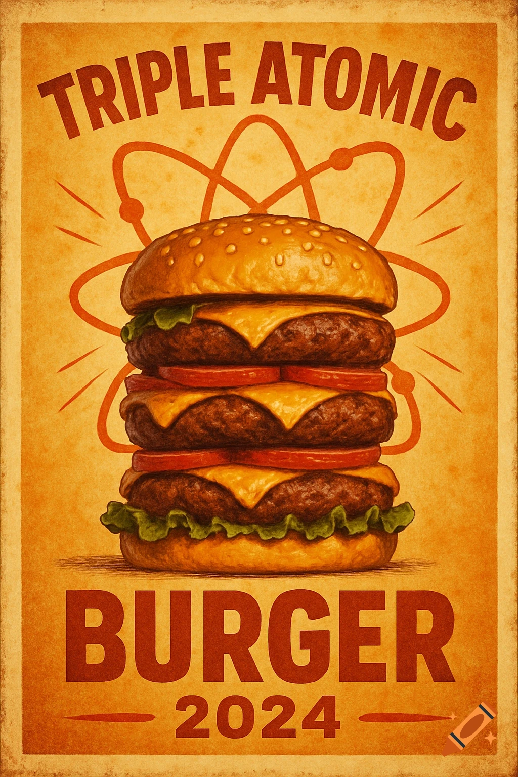 Retro poster for a Triple Atomic Burger featuring a large, multi ...
