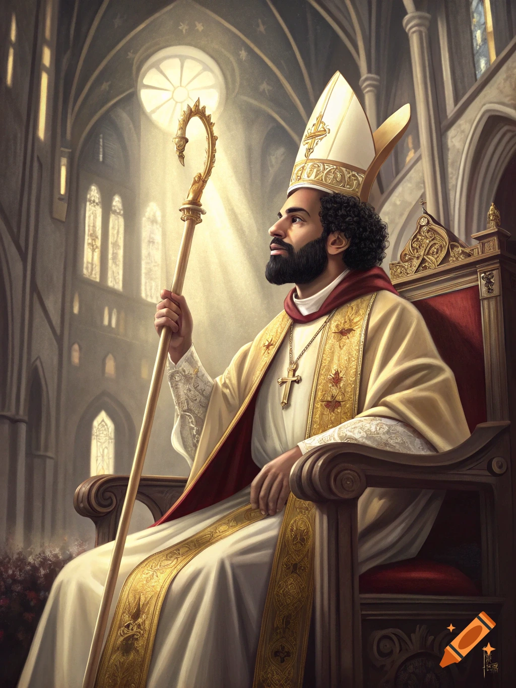 Painting of a man with a beard dressed as a pope, seated in a chair in ...