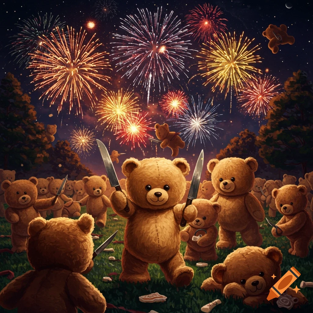 Cartoonish teddy bears with knives look at fireworks in the night sky ...