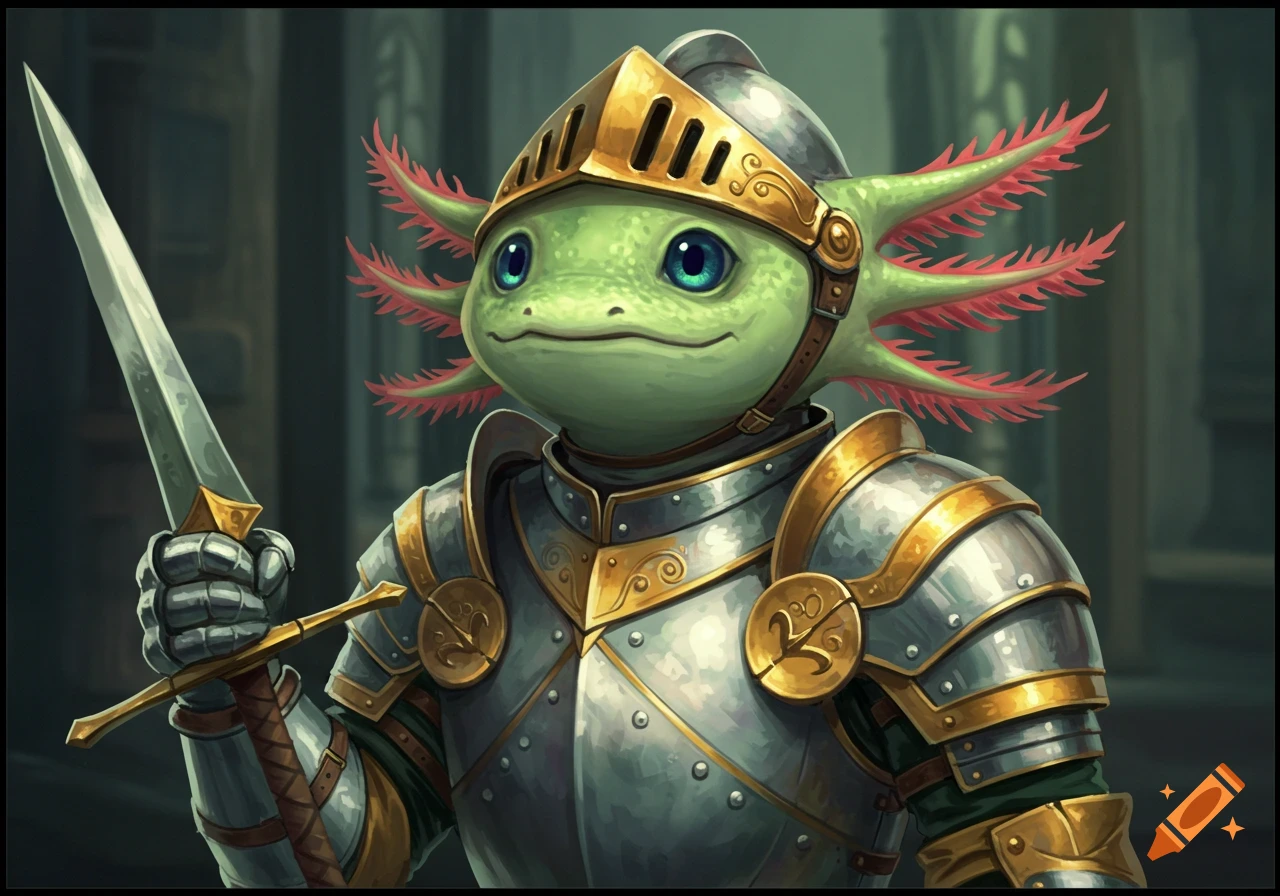 An anthropomorphic green axolotl knight in armor holding a sword on Craiyon