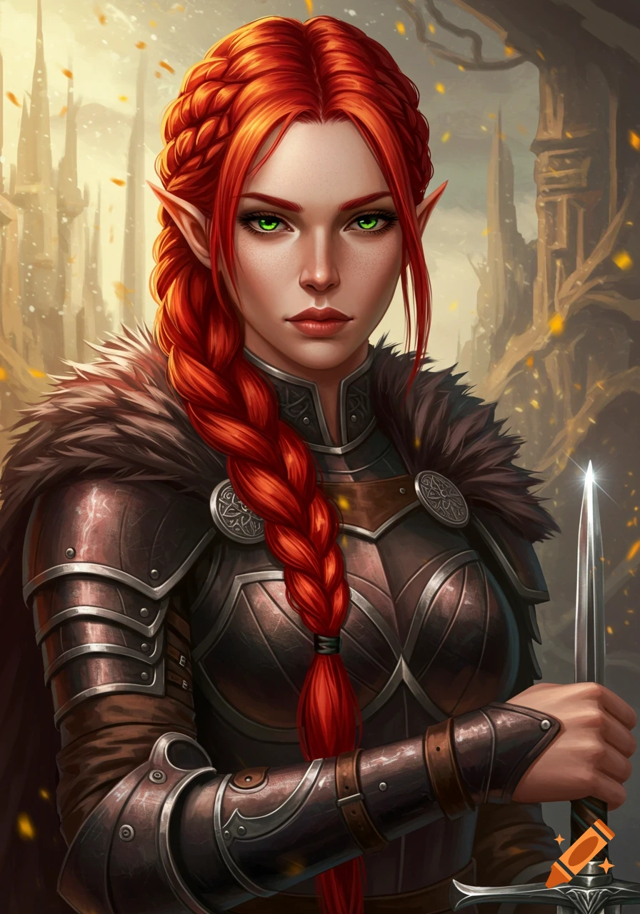 A fantasy portrait of a red-haired elf warrior with a long braid ...