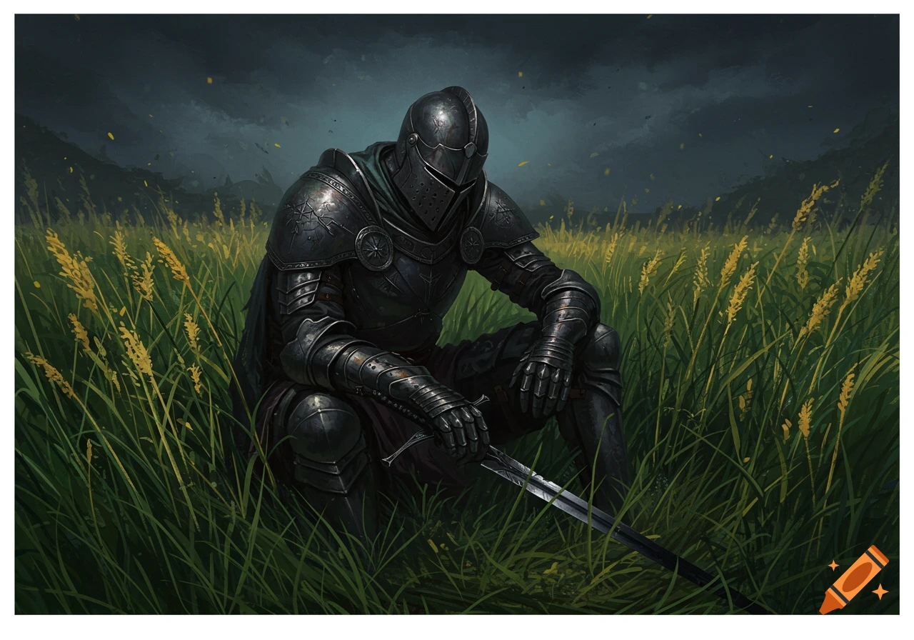 A dark fantasy knight in dark armor sits in a field of tall grass. on ...