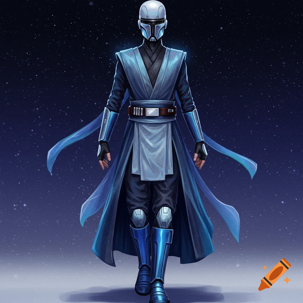 Character in blue and silver helmet, robe, and armor stands against a ...