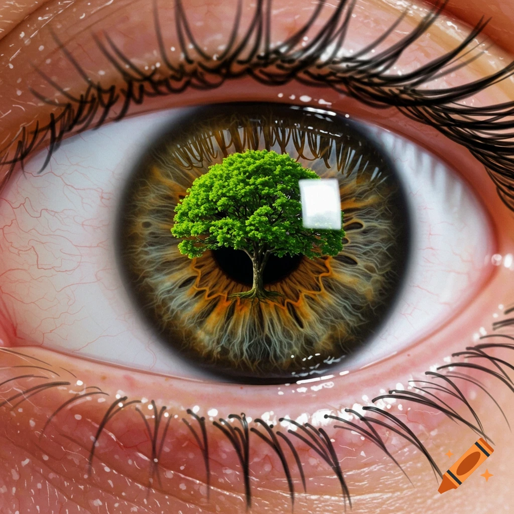Close-up of an eye with a green tree reflected in the pupil. on Craiyon