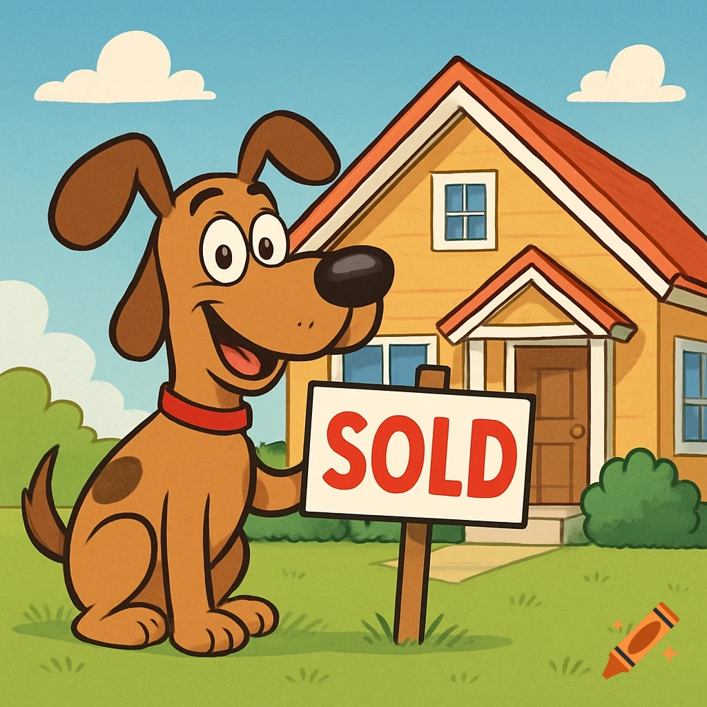 A cartoon dog holds a 'SOLD' sign in front of a house. on Craiyon