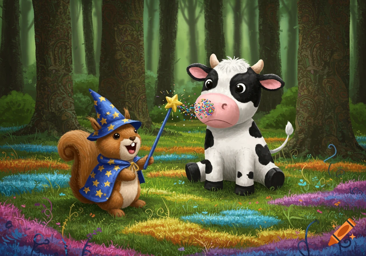 A squirrel wizard casts a spell on a cow in a magical forest, causing ...