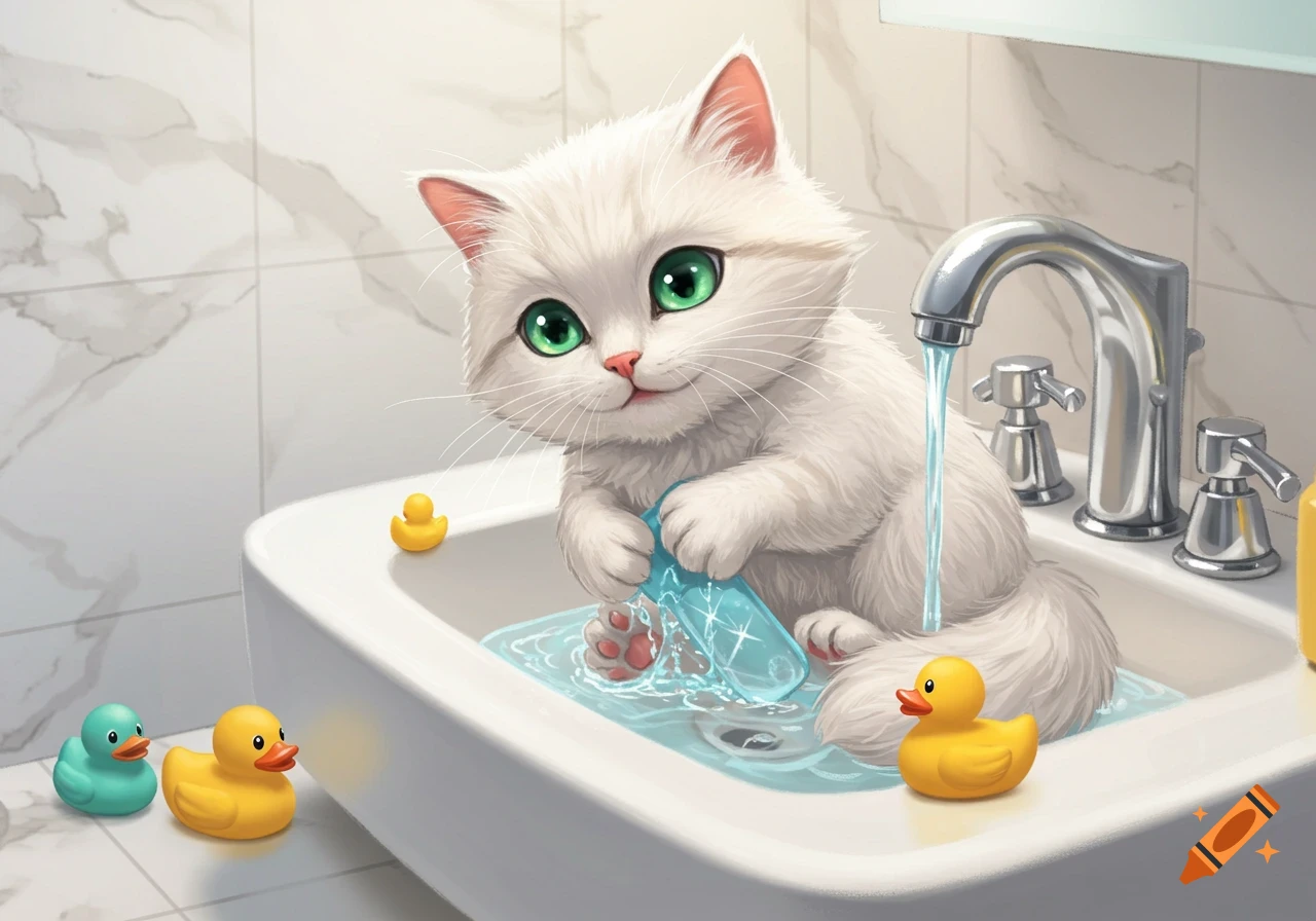 Cartoon cat washing paws in sink with rubber ducks. on Craiyon
