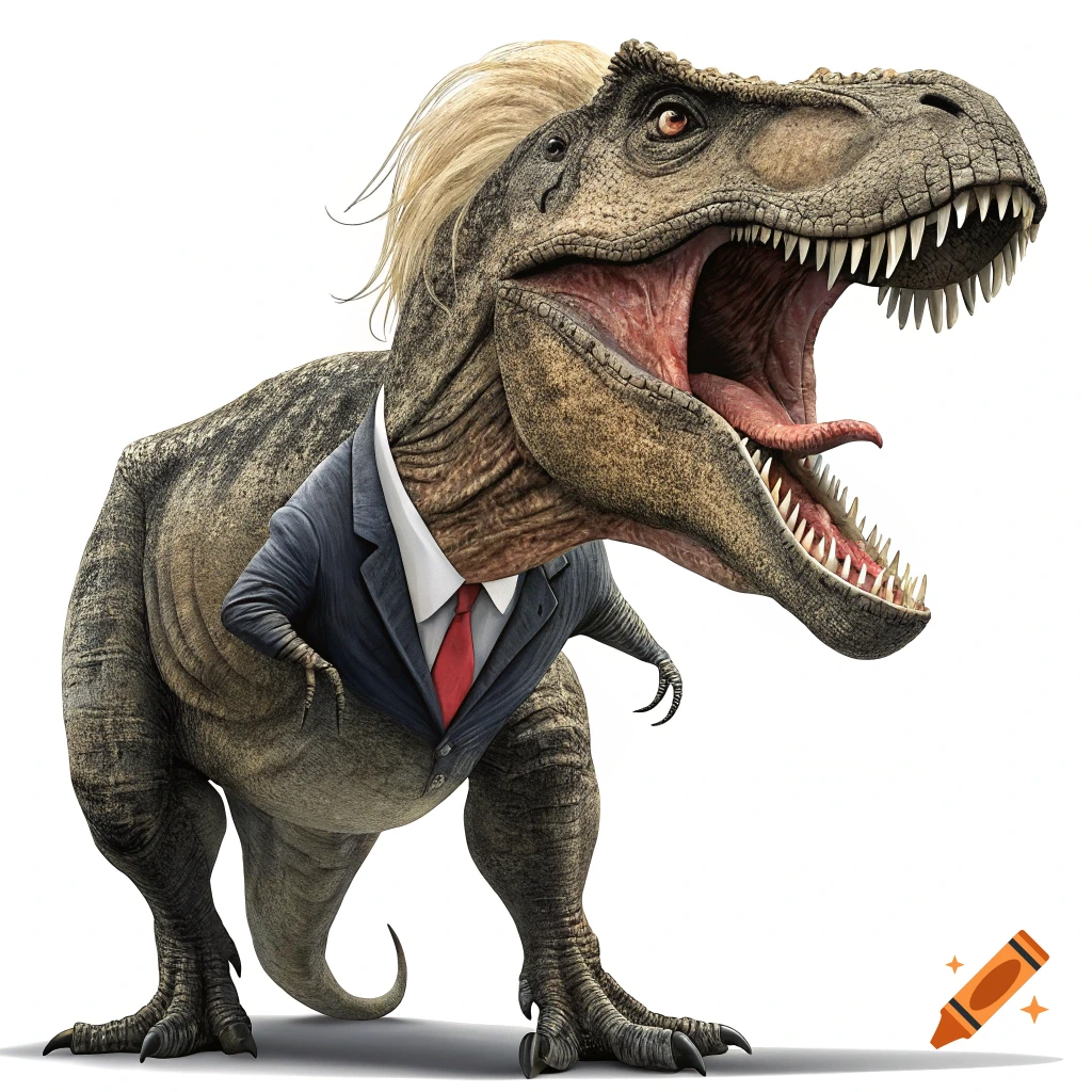 A roaring Tyrannosaurus Rex wears a dark suit jacket and red tie and ...
