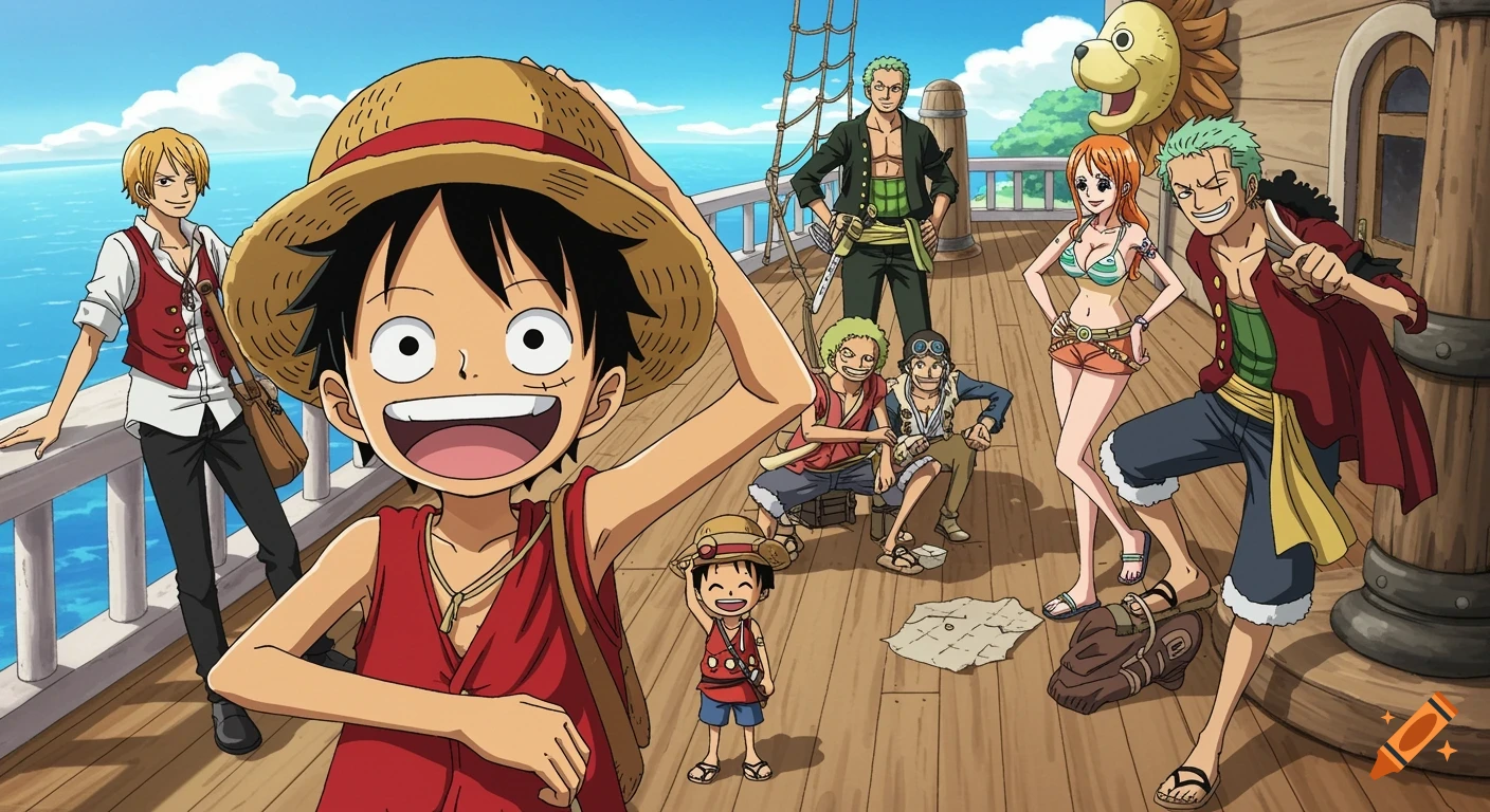Anime illustration of One Piece characters including Luffy and friends ...
