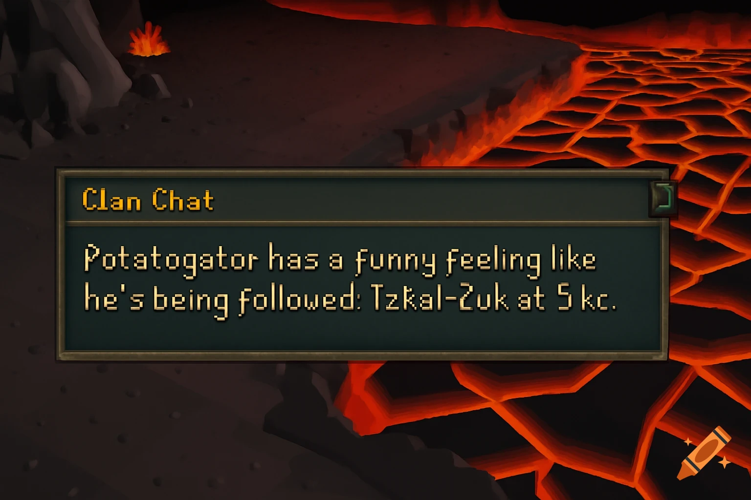 Old School RuneScape clan chat message in a lava cave. on Craiyon