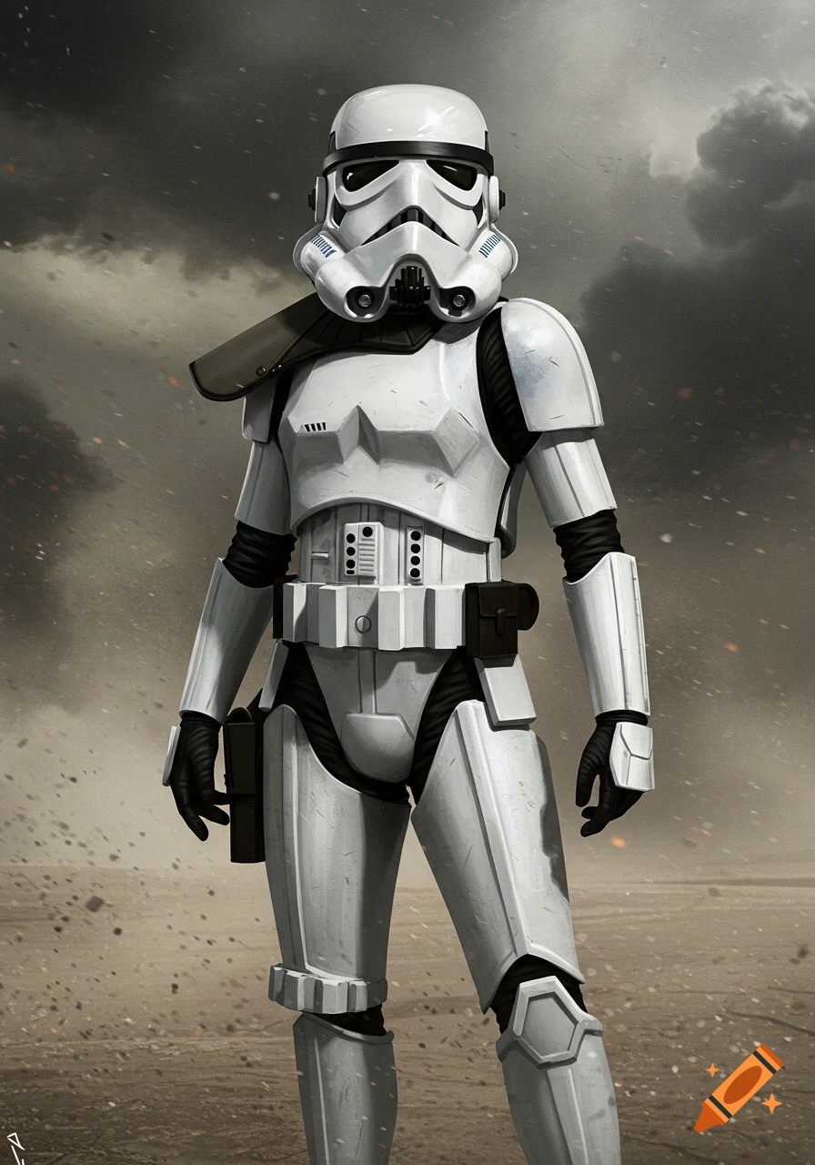 Illustration of a stormtrooper standing in a desolate, debris-strewn ...