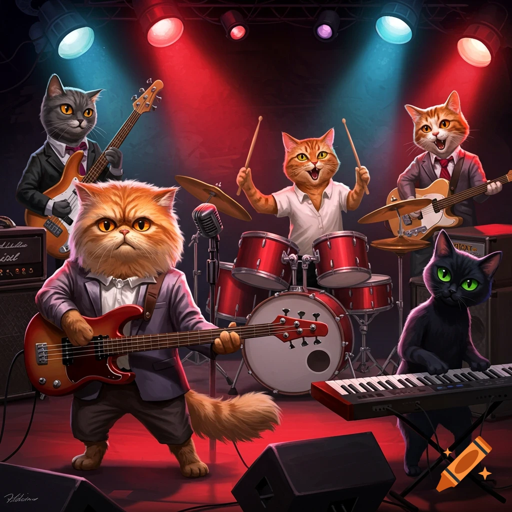 Anthropomorphic cats playing instruments in a band on a stage with ...