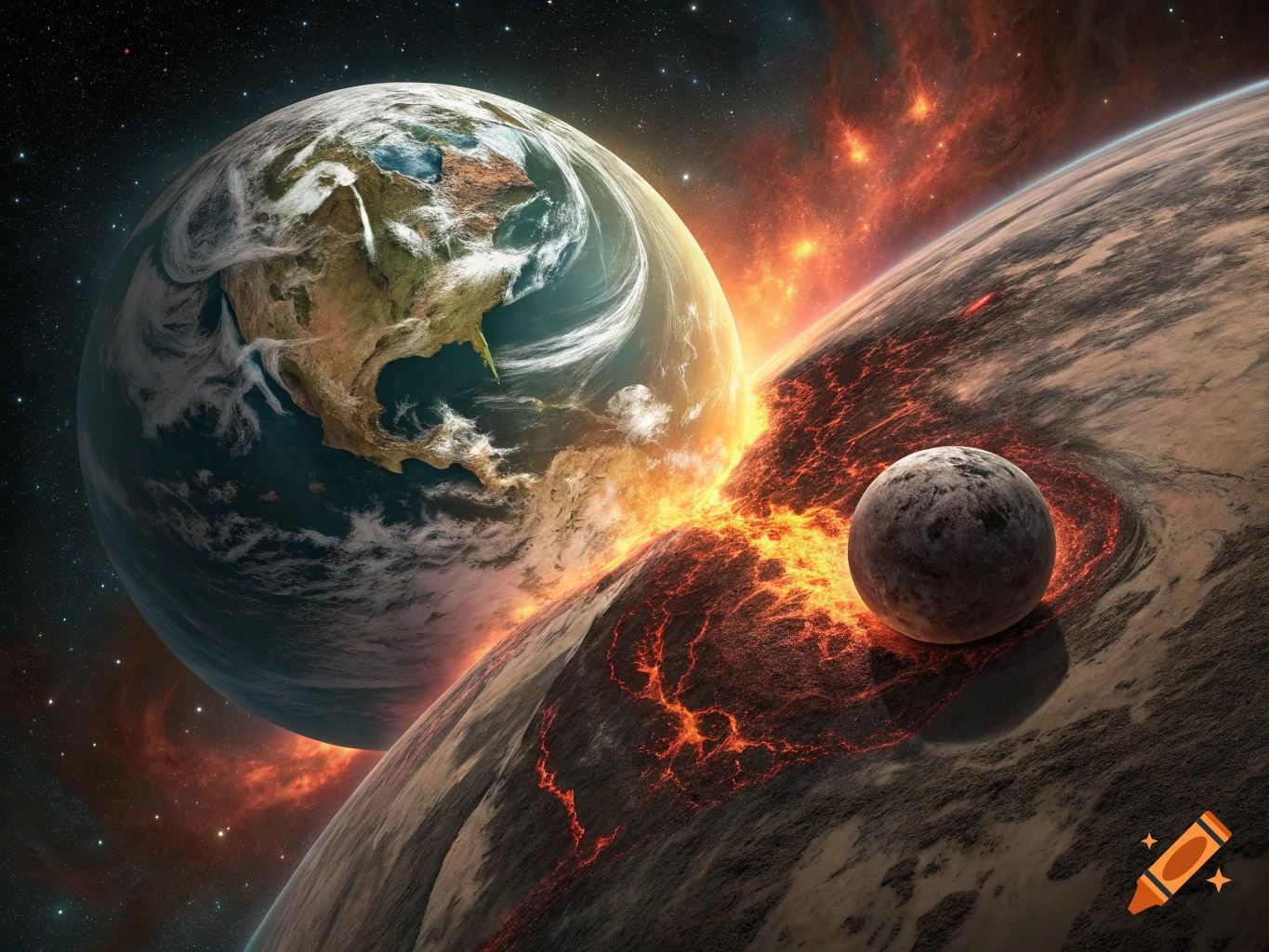 Earth is shown in space, about to collide with a much larger planet ...