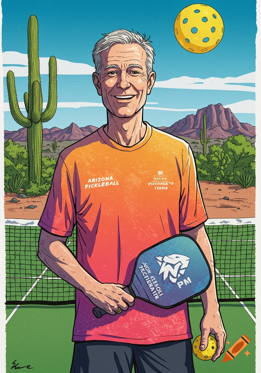 Illustrated portrait of a man playing pickleball on a court in the ...