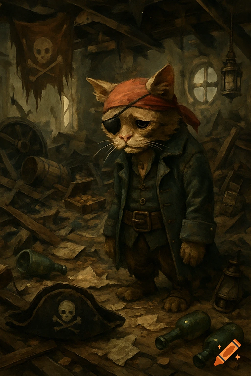 A sad pirate cat stands in a messy, trashed room in a dark painterly ...