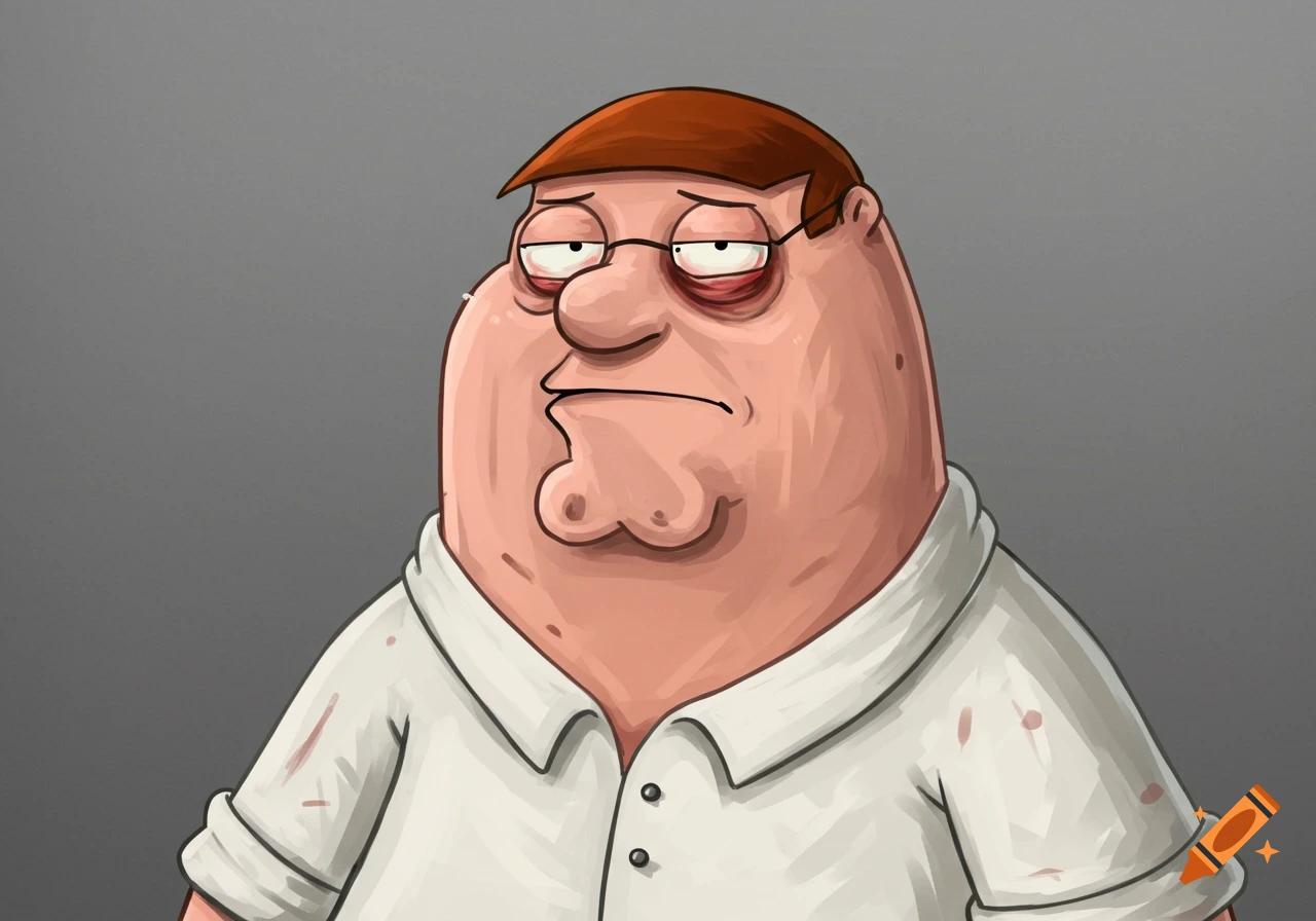 Stylized digital painting of Peter Griffin with red, tired eyes and a ...